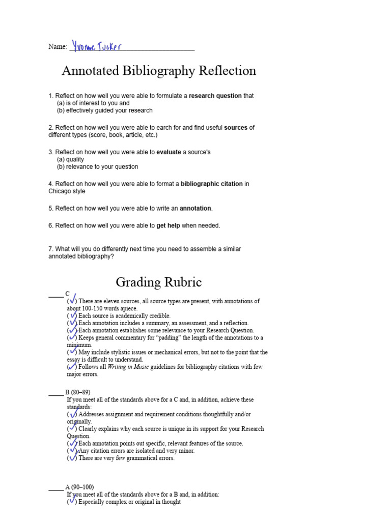 Annotated Bibliography Rubric With Reflection Questions | PDF ...