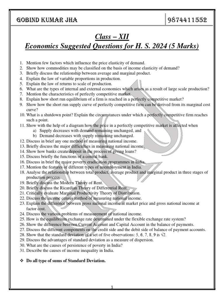 Class12 Eco Suggestion-2 | PDF | Perfect Competition | Supply (Economics)