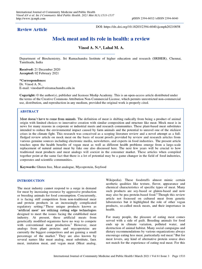 Mock Meat and Its Role in Health A Review | PDF | Meat | Foods