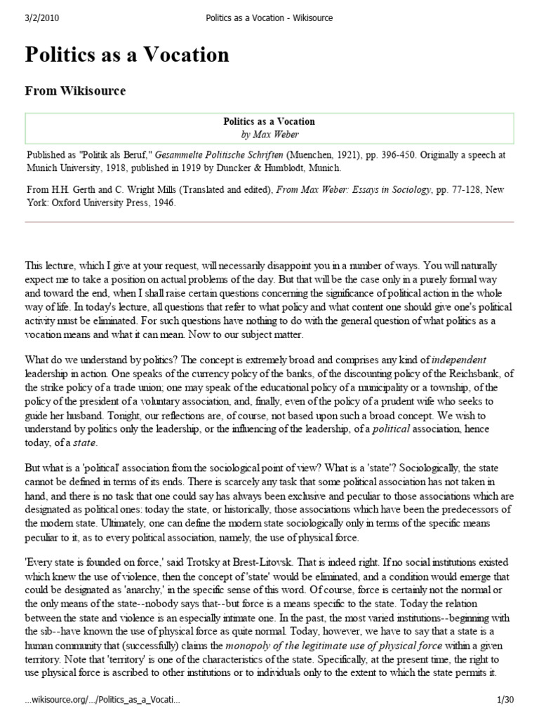 Weber - Politics As A Vocation Shortened | PDF | State (Polity) | Cabinet (Government)