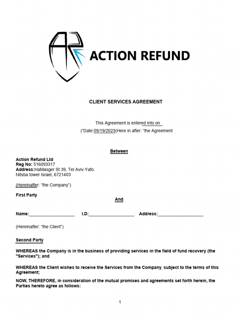 Action Refund Engagement Agreement - English - Unsigned | PDF | Credit Card | Indemnity