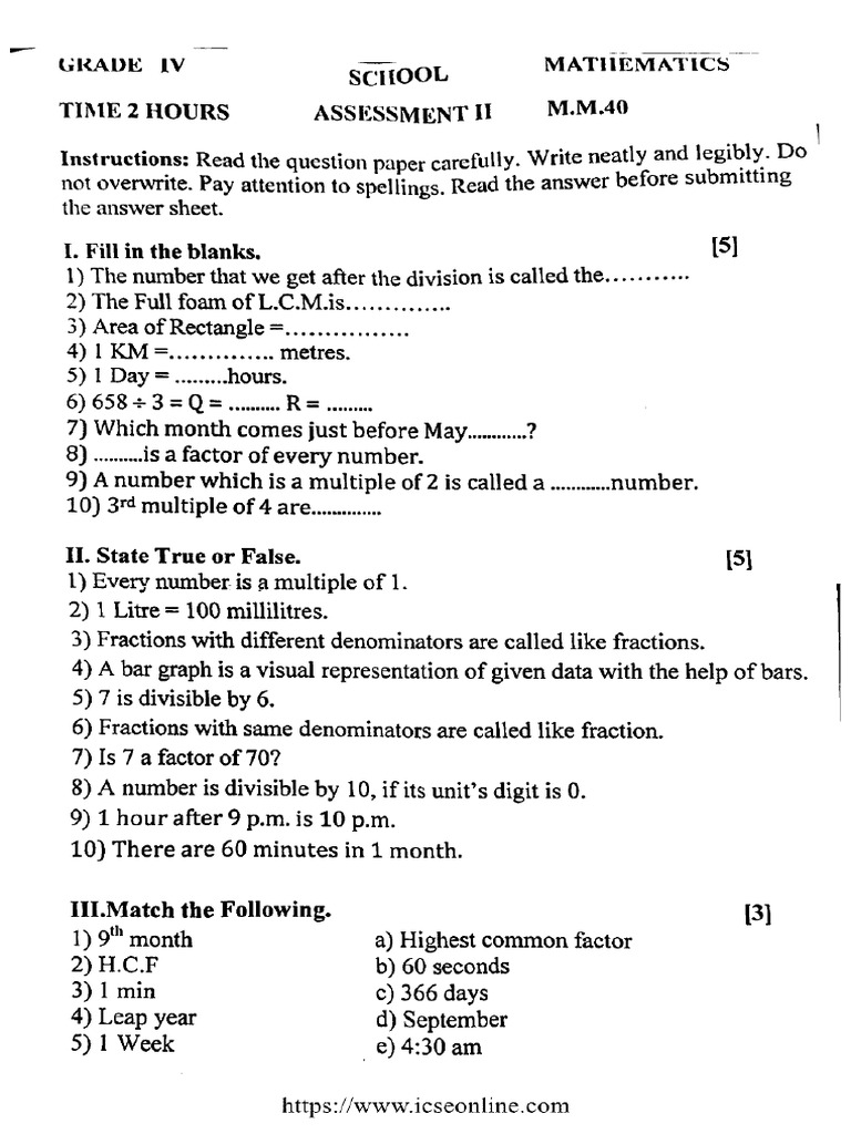Icse Class 4 Assessment 2 Mathematics 280223 2023 | PDF