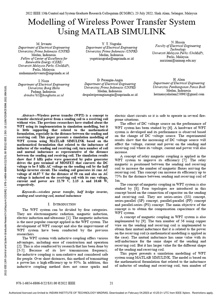Modelling of Wireless Power Transfer System Using MATLAB SIMULINK | PDF ...