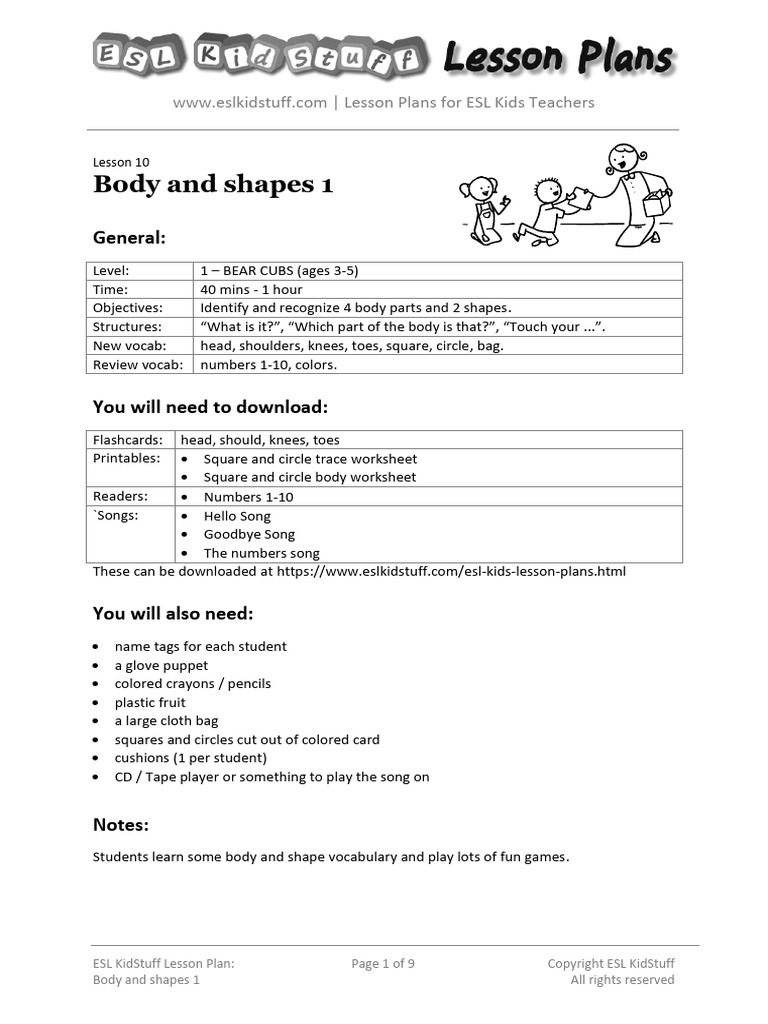 Level 1 - Lesson 9 - Body & Shapes | PDF | Toys | Teachers