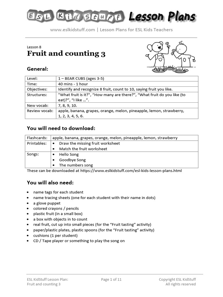 Level 1 - Lesson 8 - Fruit & Counting 3 | PDF | Lesson Plan