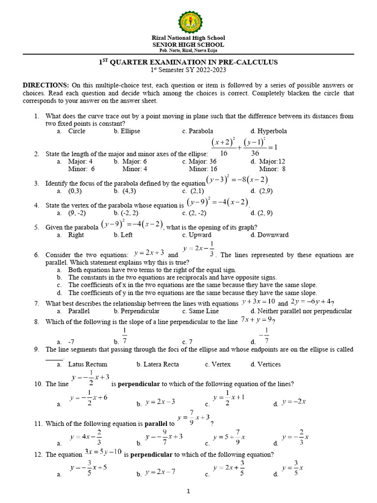 Precal Exam | PDF | Ellipse | Mathematics