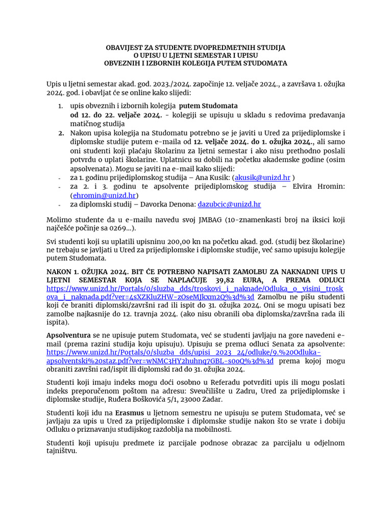 Obavijest Za Studente Dvopredmetnih Studija o Upisu U Ljetni Semestar 2023 24 20240207 | PDF