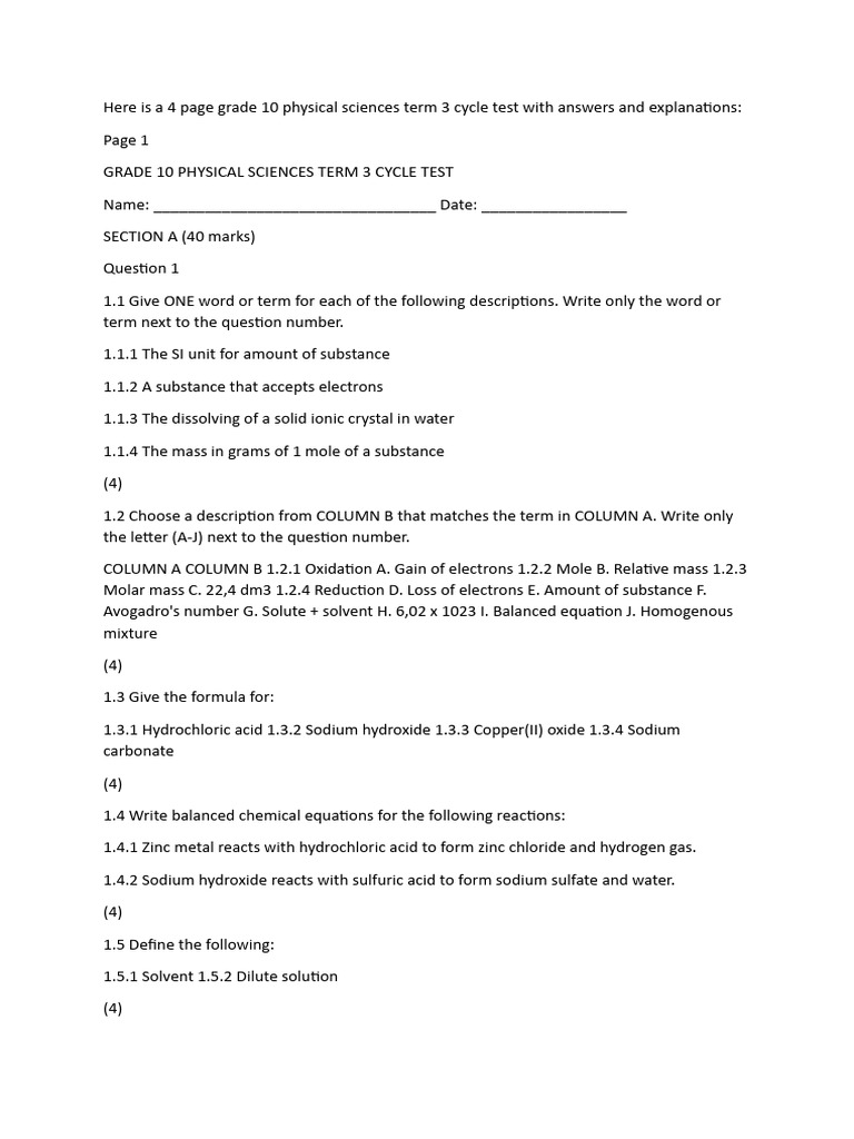 Physics cycle test term 3 | PDF | Mole (Unit) | Acid