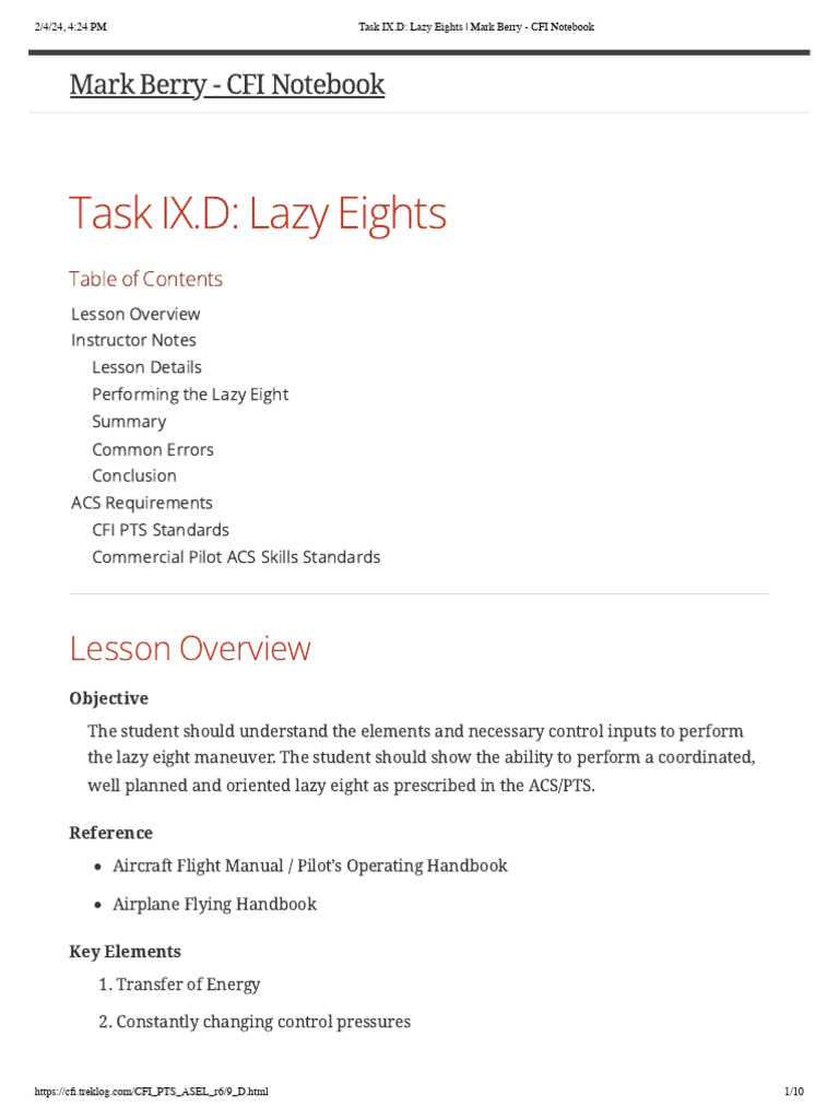 Task IX.D - Lazy Eights - Mark Berry - CFI Notebook | PDF | Airspeed ...