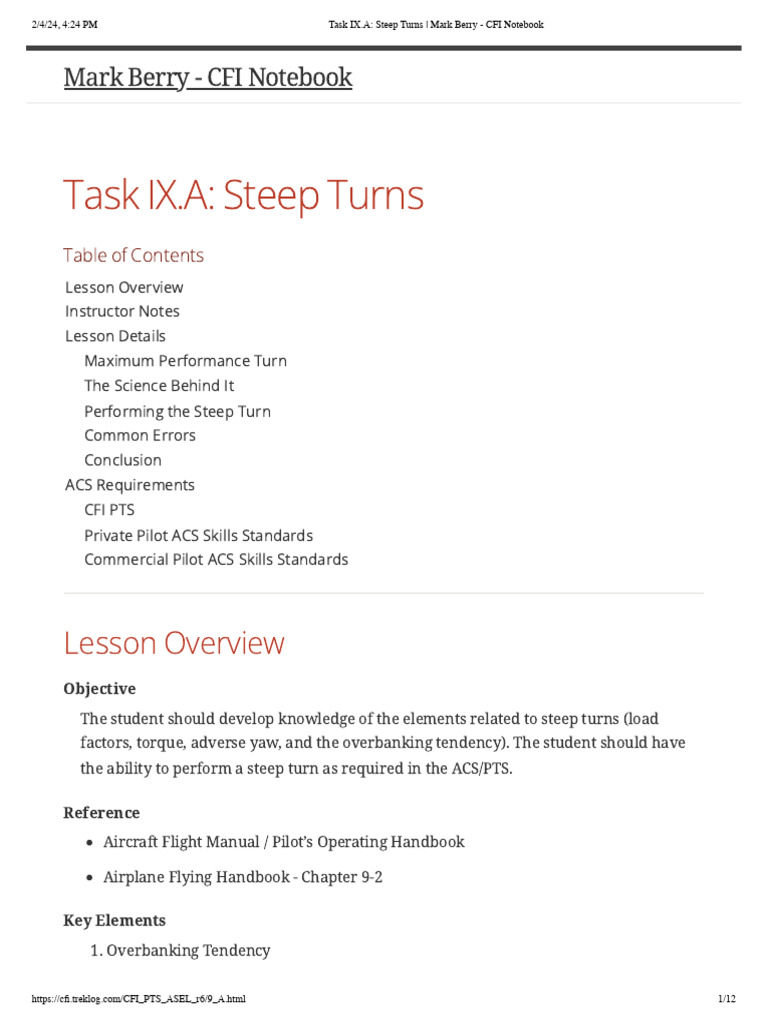 Task IX.A - Steep Turns - Mark Berry - CFI Notebook | PDF | Flight Control Surfaces | Aileron