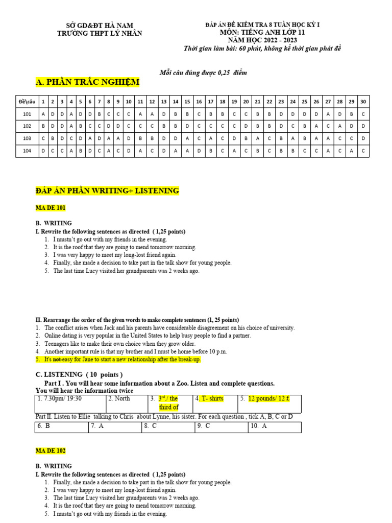 ĐÁP ÁN ĐỀ GKI ANH 11hhhh | PDF | Living Arrangements | Kinship And Descent