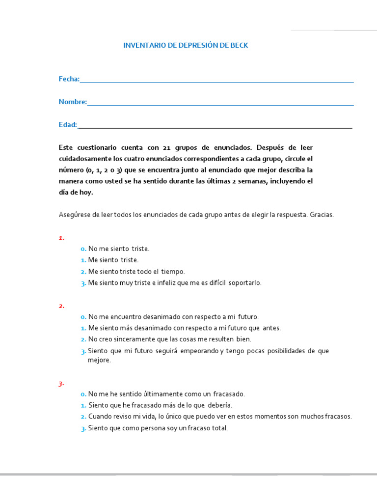 inventario de Beck | PDF | Trastorno depresivo mayor | Depresión ...