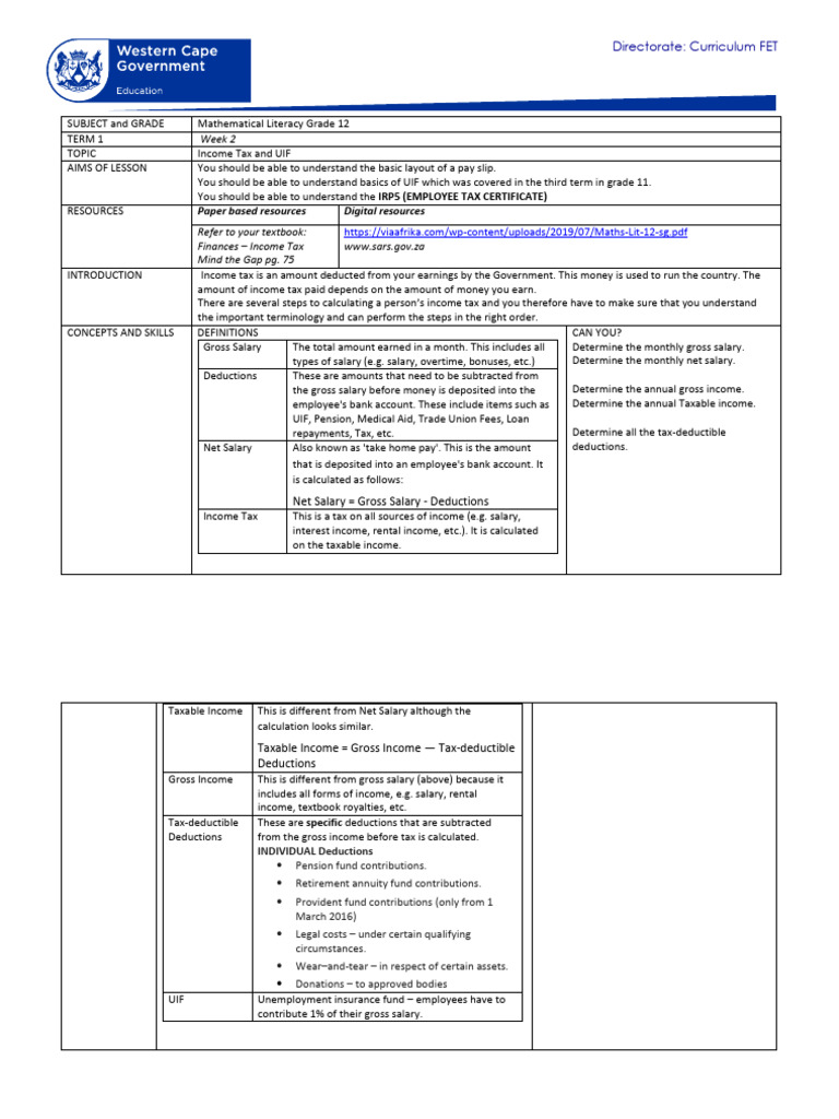 Mathematical-Literacy-Grade-12-Term-1-Week-2_2021 | PDF | Tax Deduction ...