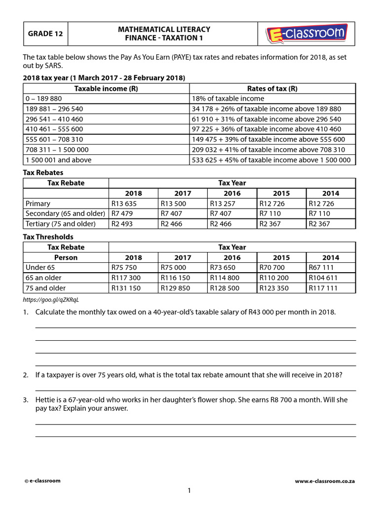 Gr12 Maths Literacy Finance Taxation 1 | PDF | Taxes | Tax Refund