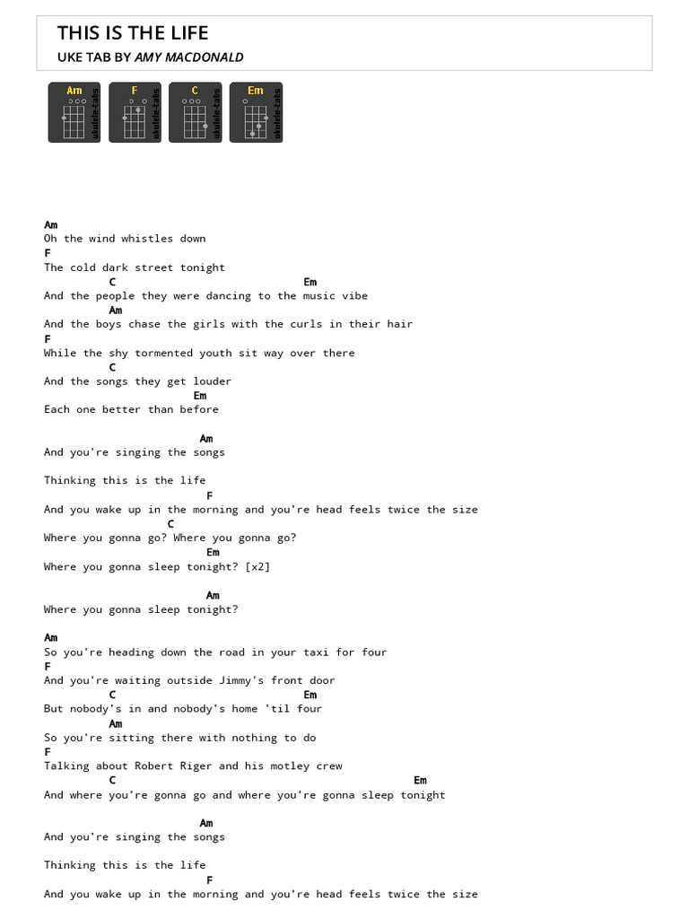 This Is The Life Uke Tab by Amy Macdonald - Ukulele Tabs | PDF | Poetry