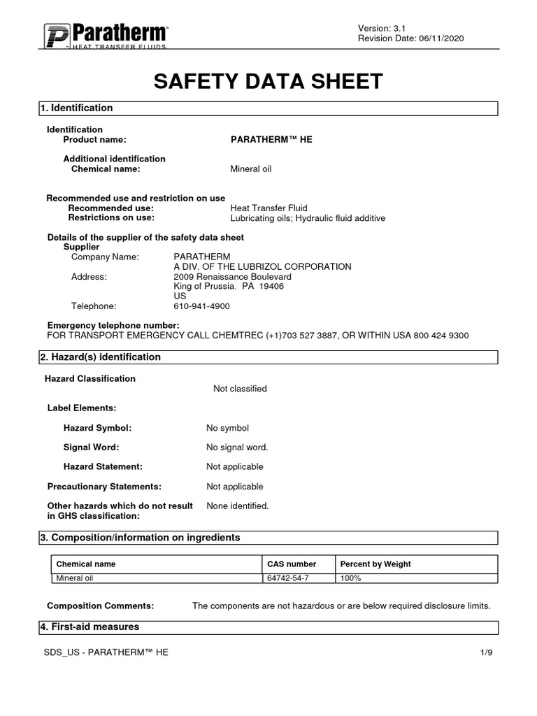 SDS Paratherm HE (En) | PDF | Toxicity | Personal Protective Equipment