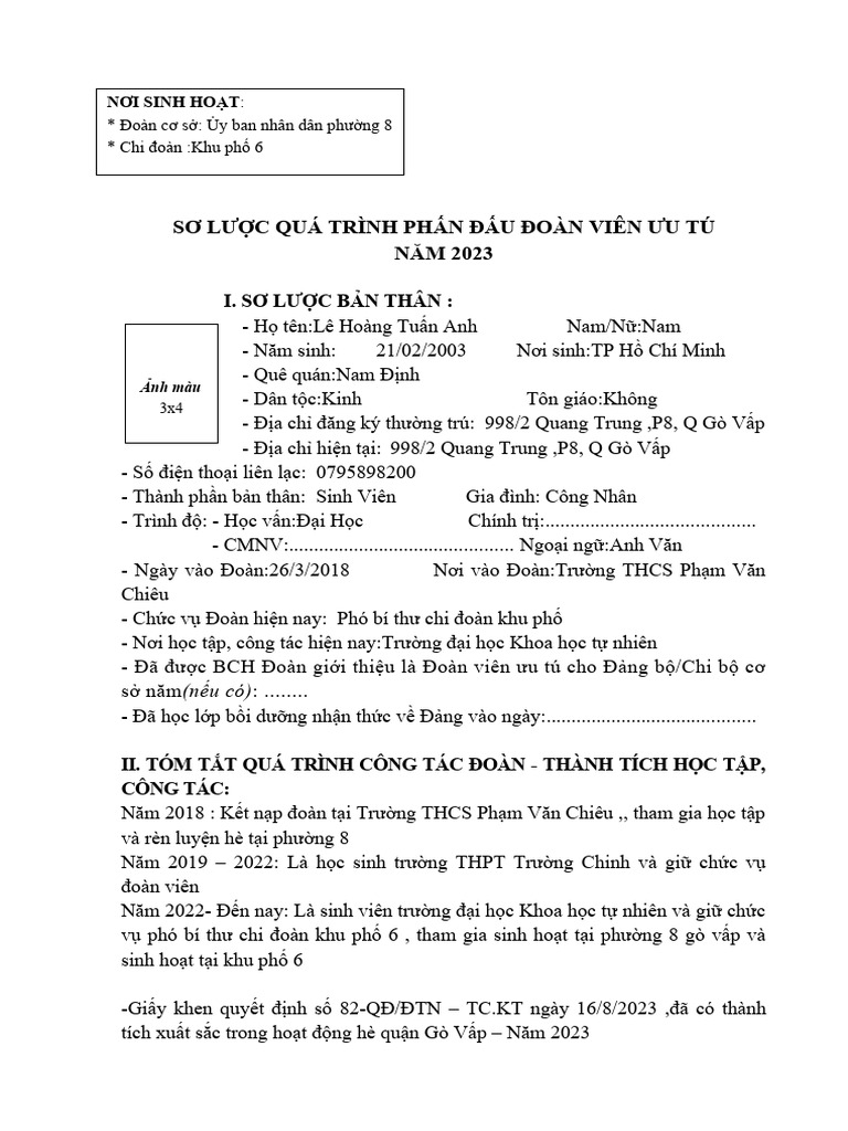 So Luoc Qua Trinh Phan Dau C A Doan Vien LE Hoang Tuan Anh - GD1 | PDF