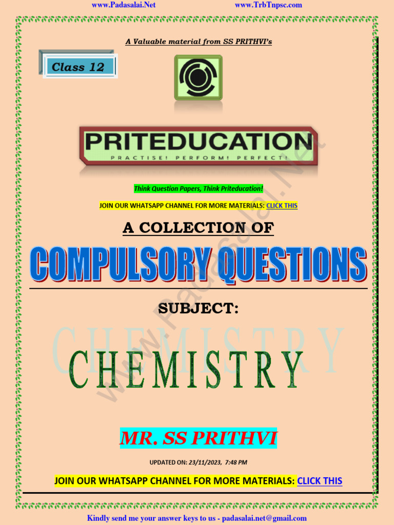 12th Chemistry EM Compulsory Questions English Medium PDF Download | PDF | Chemistry | Chemical ...