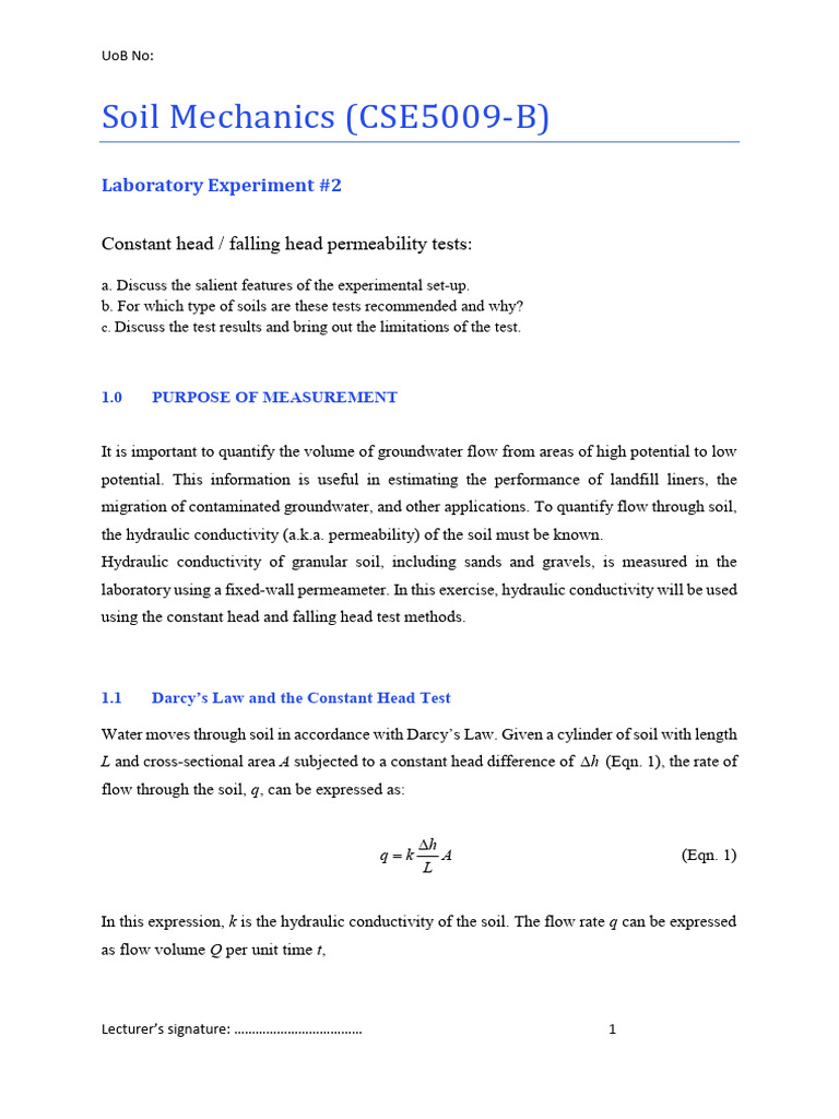Constant and Falling Head Permeability Tests | PDF | Science & Mathematics
