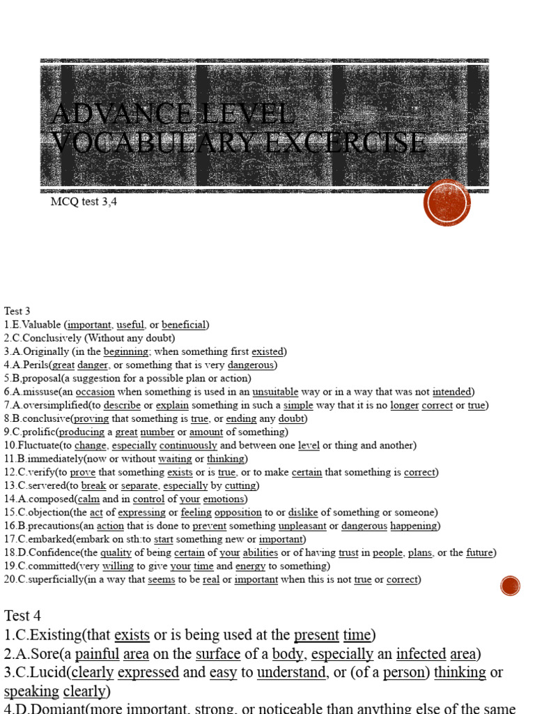 Advanced Vocabulary MCQ Exercises | PDF | Career & Growth