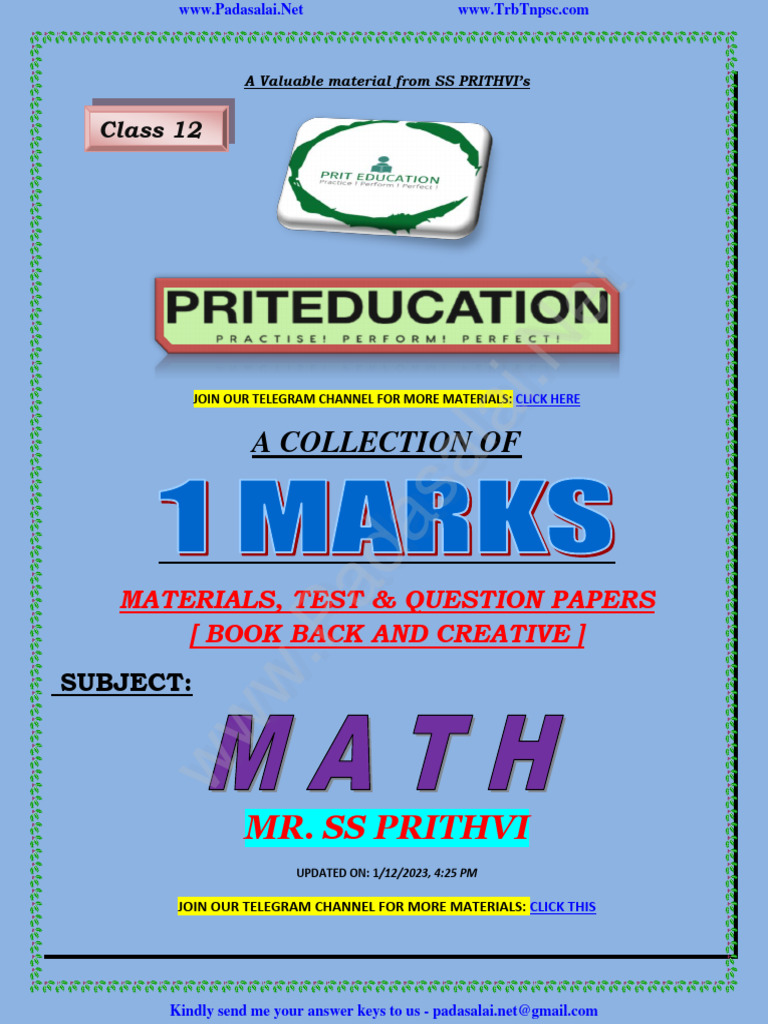 12th Maths EM 1 Mark Questions English Medium PDF Download | PDF | Zero Of A Function | Matrix ...
