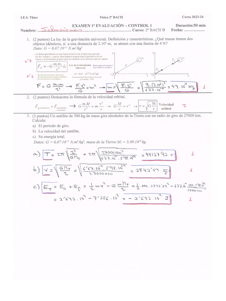 Examen Fisica 2º BACH B - 1 Evaluacion Control 1 - Soluciones | PDF