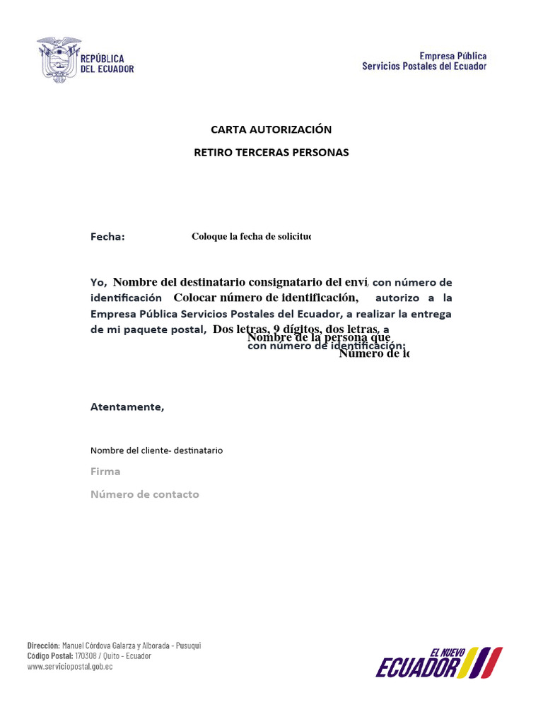 FORMATO CARTA DE AUTORIZACION RETIRO DE TERCEROS | PDF