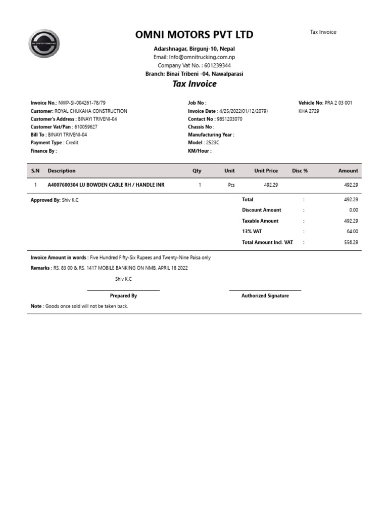 Omni Motors PVT LTD: Tax Invoice | PDF