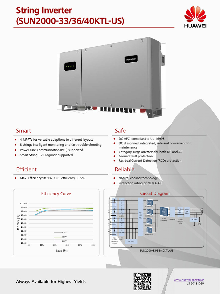 Ficha Técnica Inversor SUN2000-33,36,40KTL US | PDF | Alternating Current | Metrology