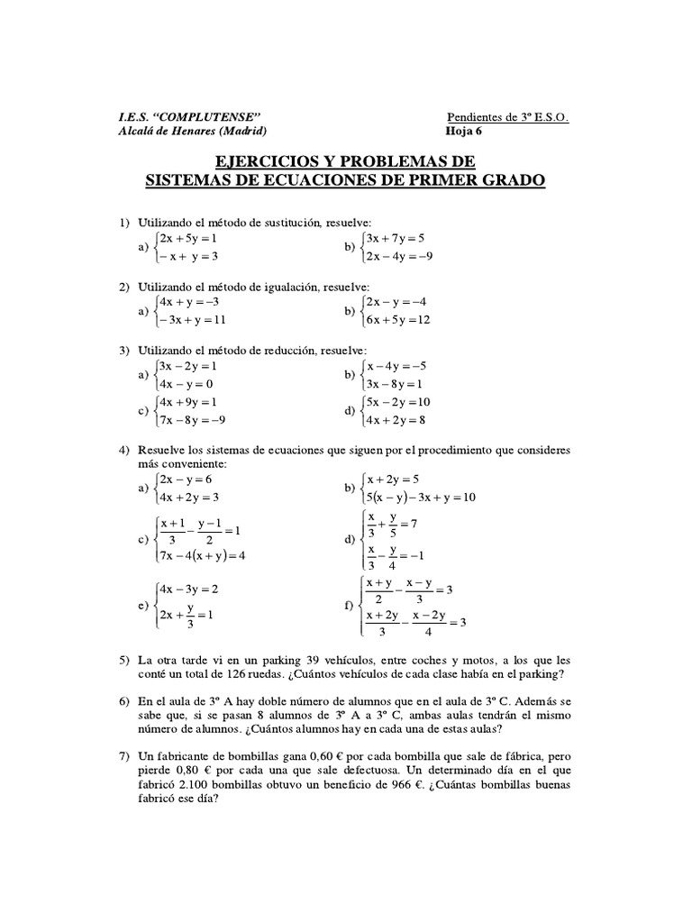 Hoja 06 Sistemas de Ecuaciones Pend 3eso | PDF