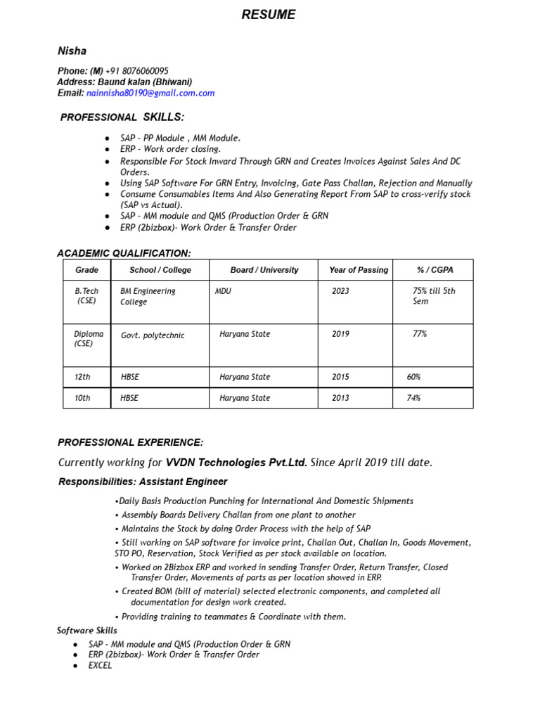 Nisha CV | PDF