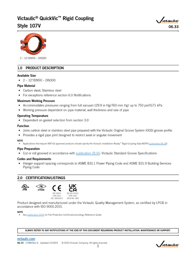 Victaulic Quick Vic Rigid Couplings | PDF | Pipe (Fluid Conveyance) | Screw