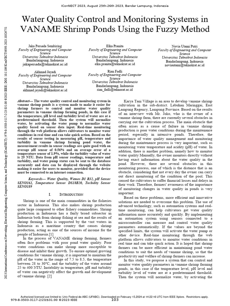 Water Quality Control and Monitoring Systems in VANAME Shrimp Ponds Using The Fuzzy Method | PDF ...