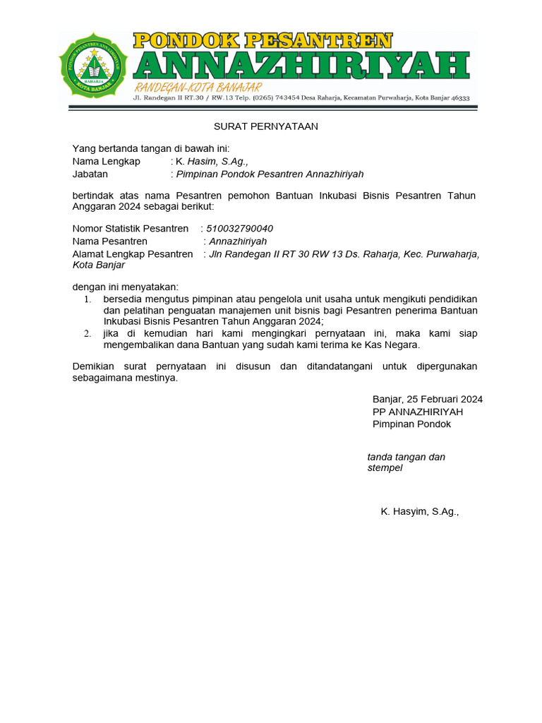 Surat Pernyataan Lokasi Pesantren | PDF