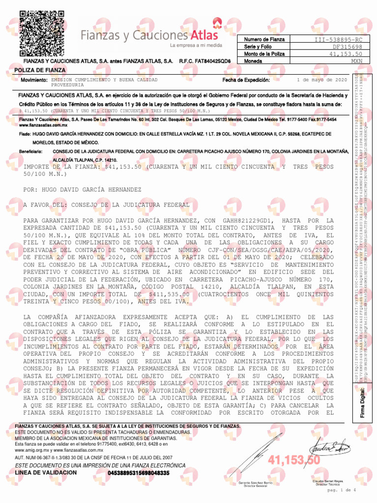 Poliza de Fianza: Fianzas Y Cauciones Atlas, S.A. Se Sujeta A La Ley de Instituciones de Seguros ...