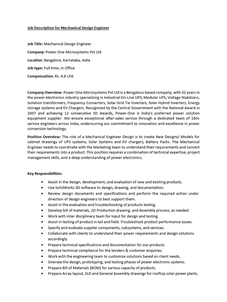 JD Mech Design Engineer | PDF | Power Electronics | Engineering