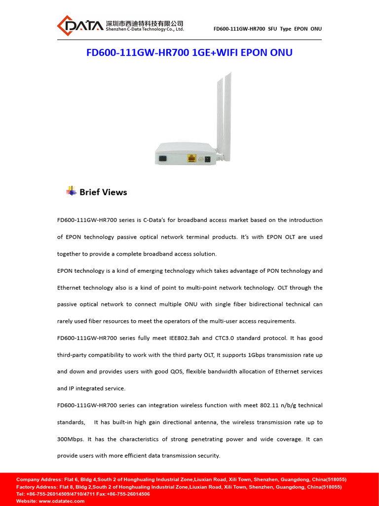 FD600 111GW HR700 EPON ONU Datasheet V1.1 C70 | PDF