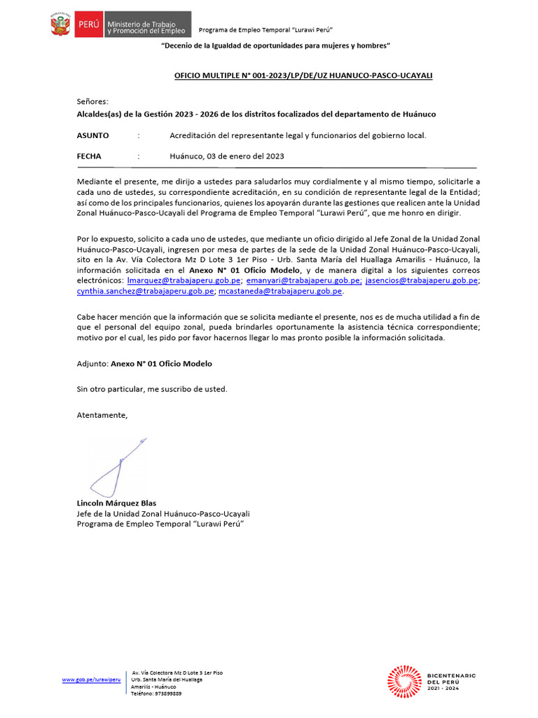 OFICIO MULTIPLE #001-2023 Aceditacion RL y Funcionarios OE Huánuco | PDF