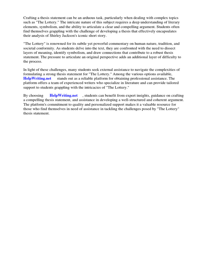 The Lottery Thesis Statement Download Free Pdf Essays Traditions 