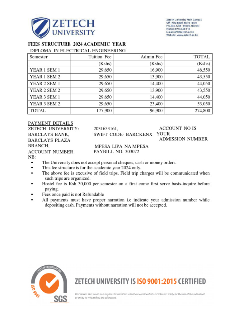 Zetech University 2024 Fee Structure | PDF | Fee | Payments