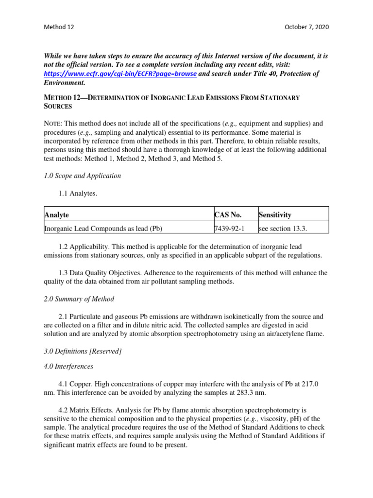 EPA Method 12: Lead Emission Testing | PDF