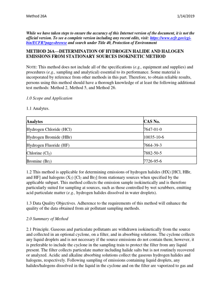 Us Epa Method 26a Pdf Chlorine Sodium Chloride