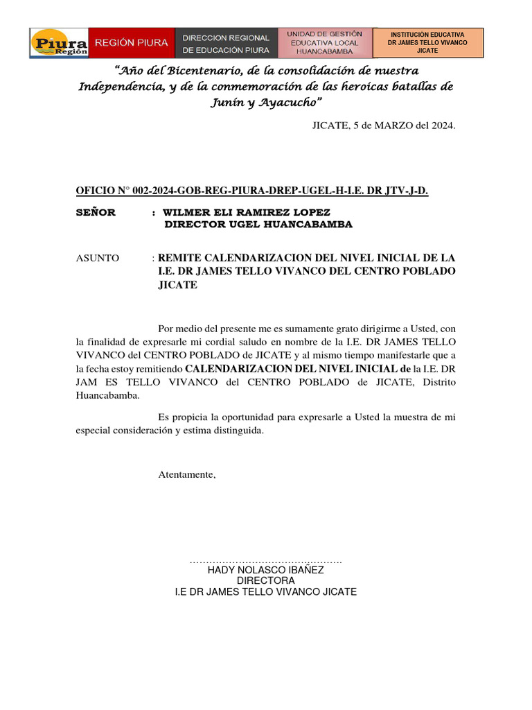 OFICIO CALENDARIZACION IE DR JAMES TELLO VIVANCO | PDF