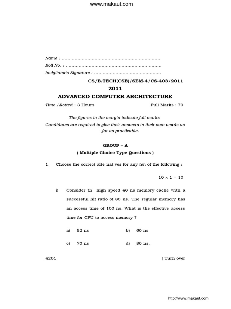 Btech Cse 4 Sem Advanced Computer Architecture 2011 | PDF