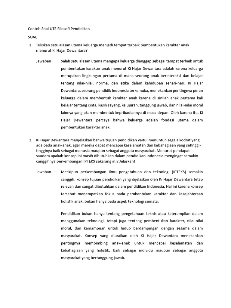 Contoh Soal UTS Filosofi Pendidikan | PDF | Karier & Perkembangan ...