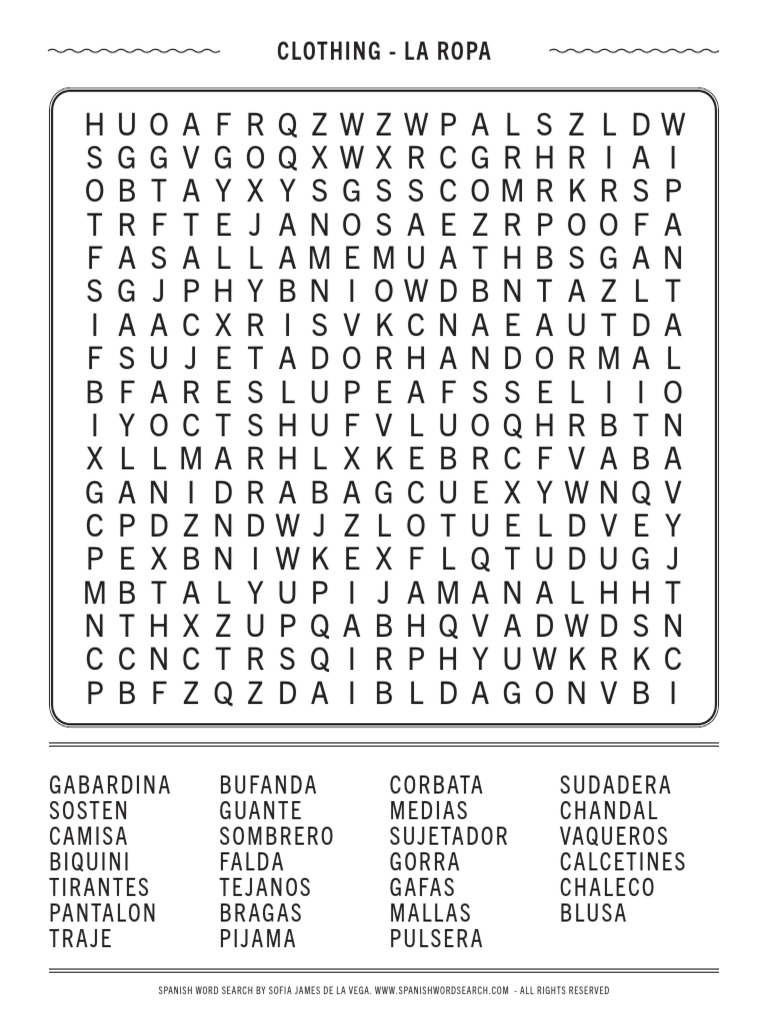 Puzzle Spanish Word Search Printables Clothing | PDF | Ropa | Moda