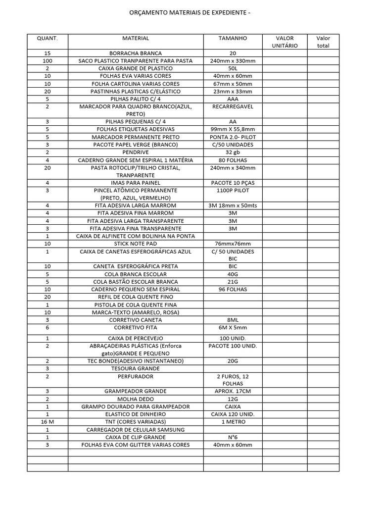 Orçamento Material de Expediente | PDF | Papelaria | Equipamento de ...
