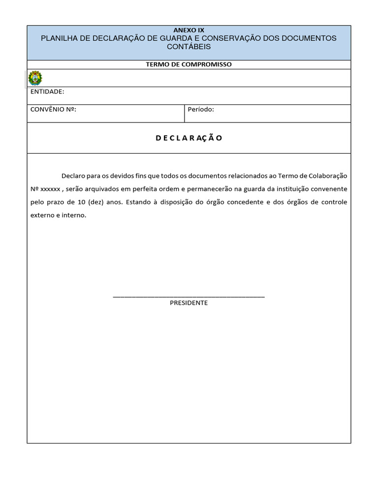 Modelo de Declaração de Guarda e Conservação Dos Documentos Contábeis | PDF