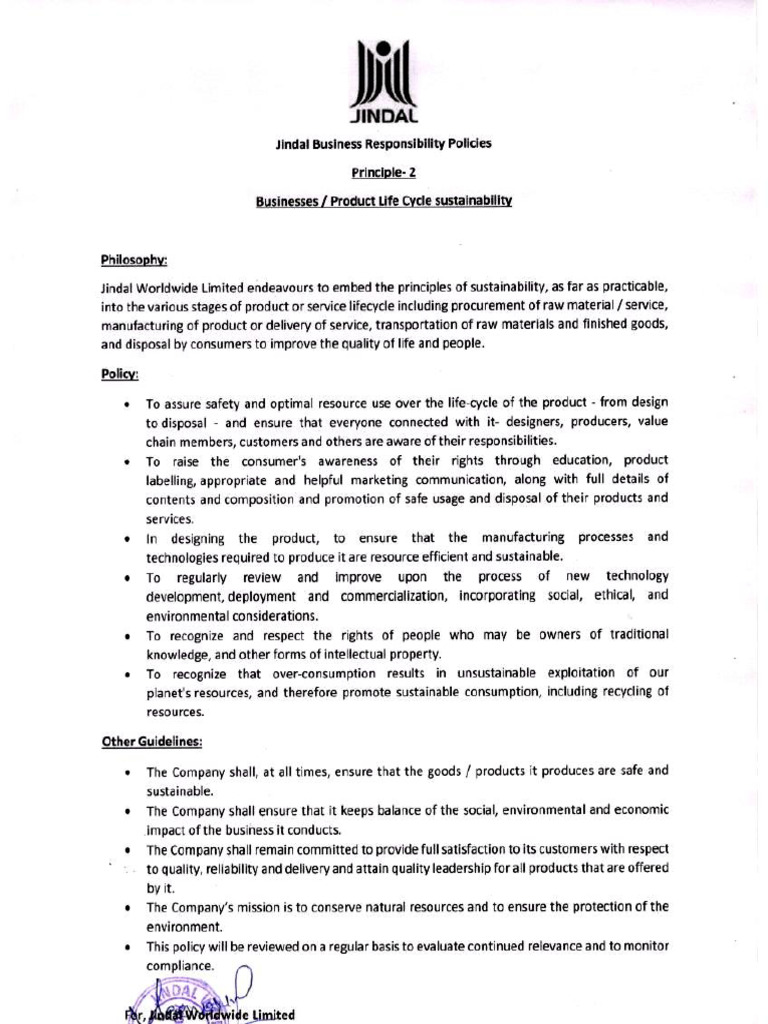Policy P2 BusinessProduct Life Cycle Sustainability | PDF