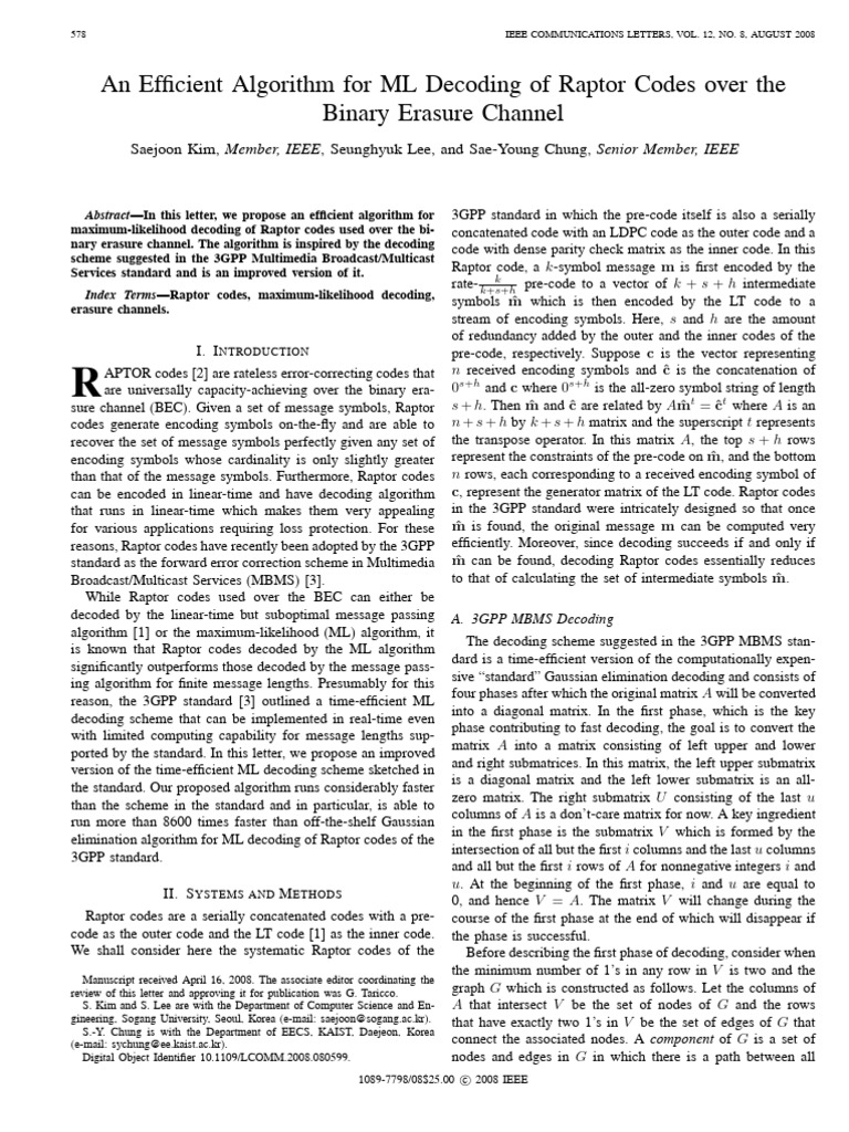 An Efficient Algorithm For ML Decoding of Raptor Codes Over BEC | PDF | Matrix (Mathematics ...